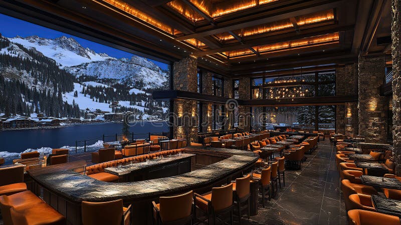 Mountain Lakefront Dining Room at Night Stock Illustration ...