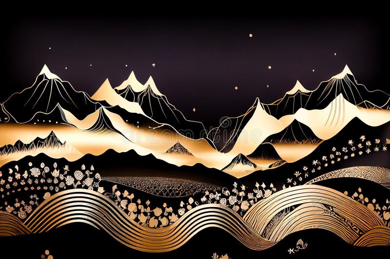Mountain Landscape Background with Gold and Black Ornament. Generative ...