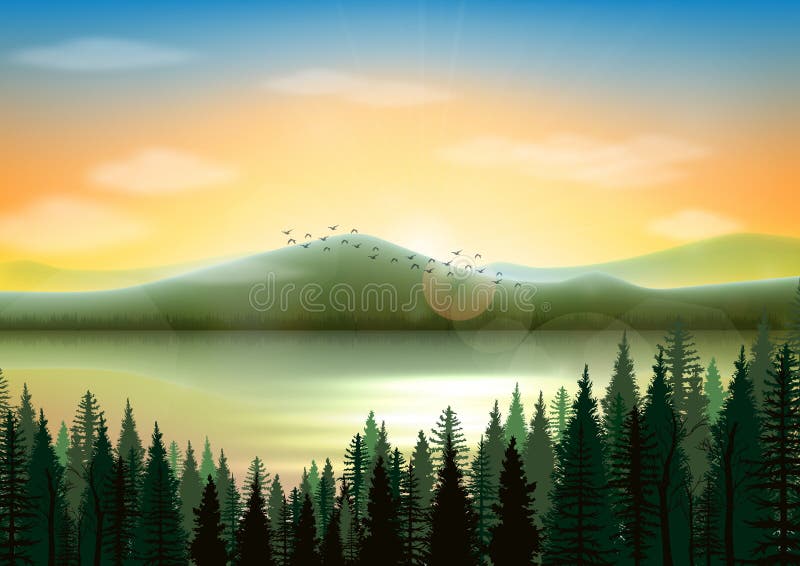 Mountain Landscape Background with Lake and Fir Tree Stock Vector ...