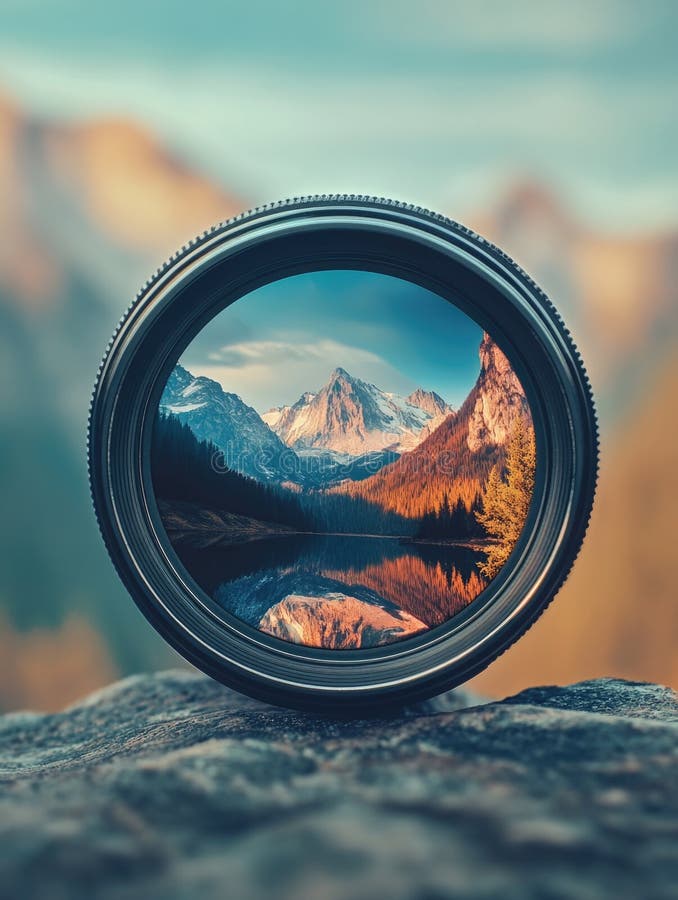 Mountain Landscape through Camera Lens Stock Image - Image of lens ...