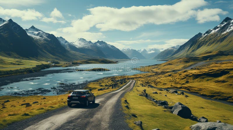 A Mountain Landscape with a Car Driving Down the Road Stock ...