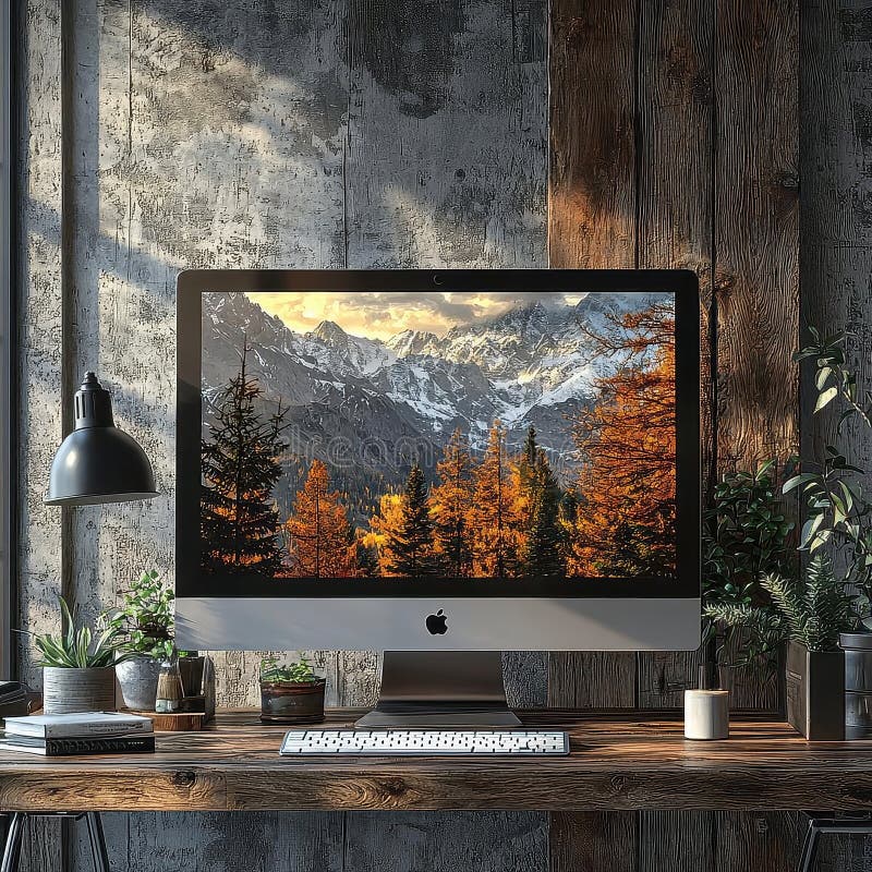 Mountain Landscape Desktop Wallpaper, Inspiring Workspace Setup Stock ...