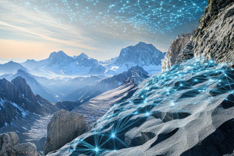 Mountain Landscape Digital Network Overlay Sunset Serene Environment ...