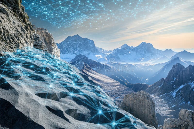 Mountain Landscape with Digital Network Overlay at Sunset in a Serene ...