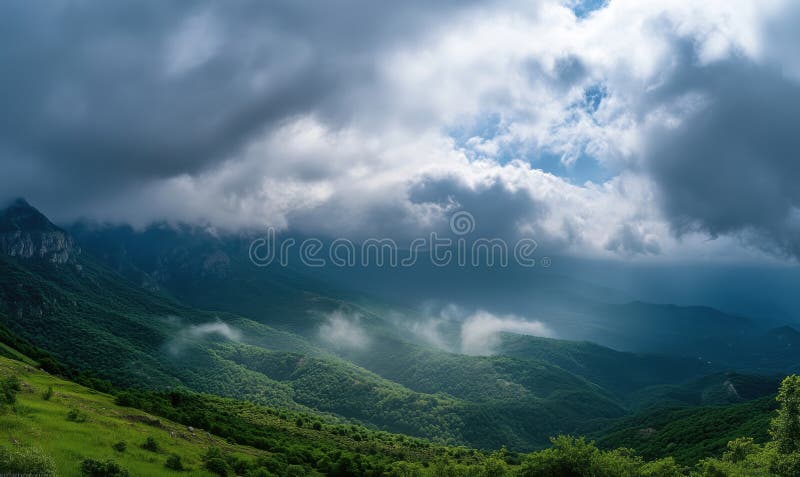 Mountain Landscape with Dramatic Clouds and Mist Stock Photo - Image of ...