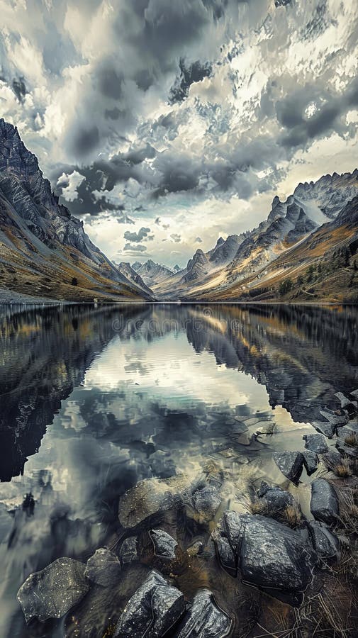 Mountain Landscape with Dramatic Sky and Reflective Lake, Nature ...