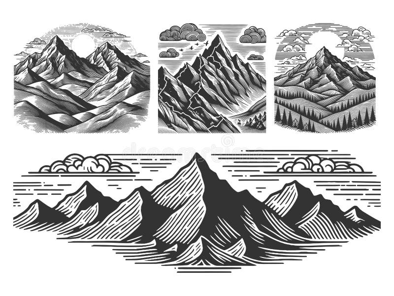 Mountain Landscape Engraving Set Vector Collection Stock Vector ...