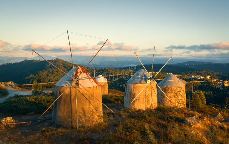 Tourist Complex of Old Mills, at Sunset Stock Photo - Image of wind ...