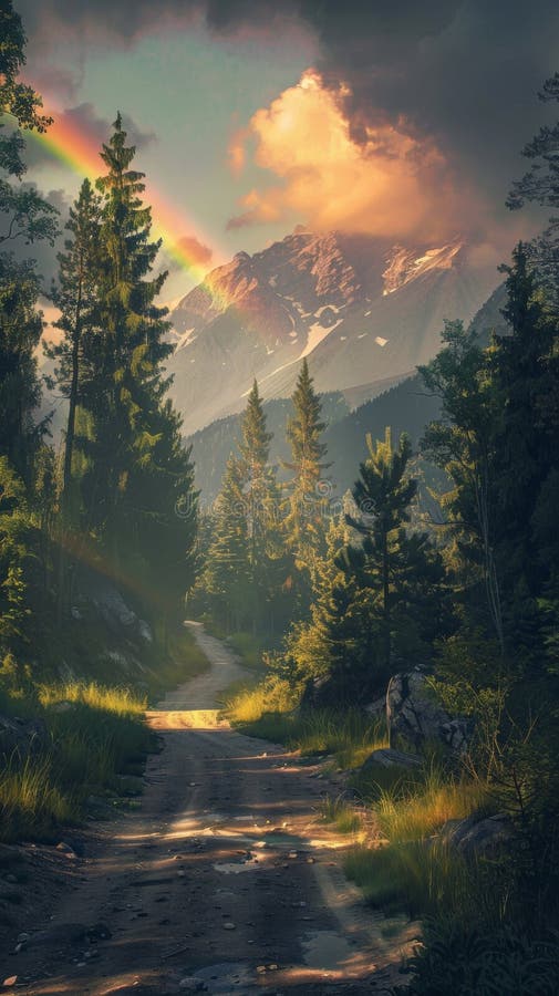 Mountain Landscape with Forest Path and Rainbow at Sunset, Serene ...
