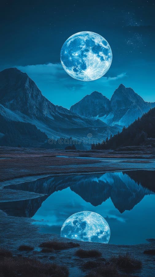 Mountain Landscape with Full Moon Reflection in Lake, Night Scenery ...