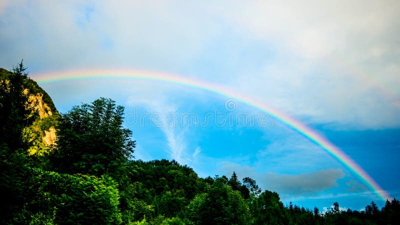 Mountain Landscape with Full Rainbow Stock Image - Image of rainbow ...