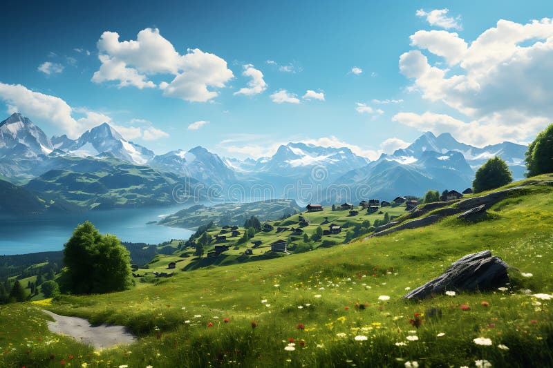 Mountain Landscape with Houses and Meadows in the Foreground, 3d Render ...