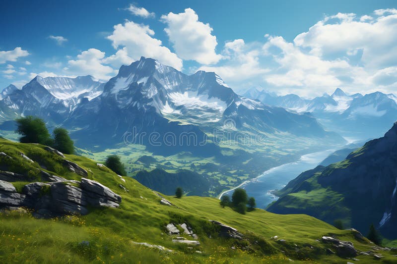 Mountain Landscape with Houses and Meadows in the Foreground, 3d Render ...