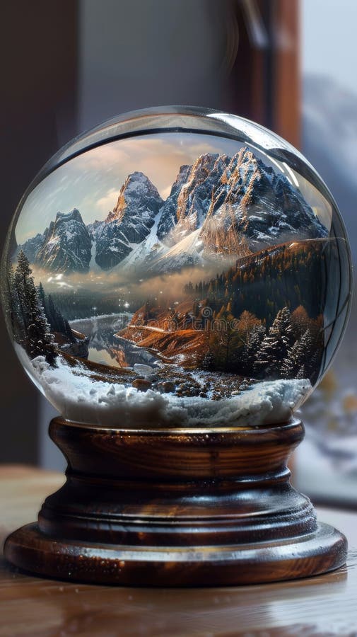 Mountain Landscape Inside a Snow Globe with Wooden Base Stock Photo ...