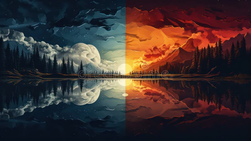 Mountain Landscape with Lake, Forest and Sunset. Collage Stock ...