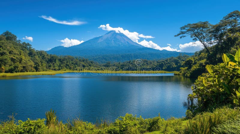 Mountain Landscape with Lake and Lush Greenery, Clear Blue Sky, Volcano ...