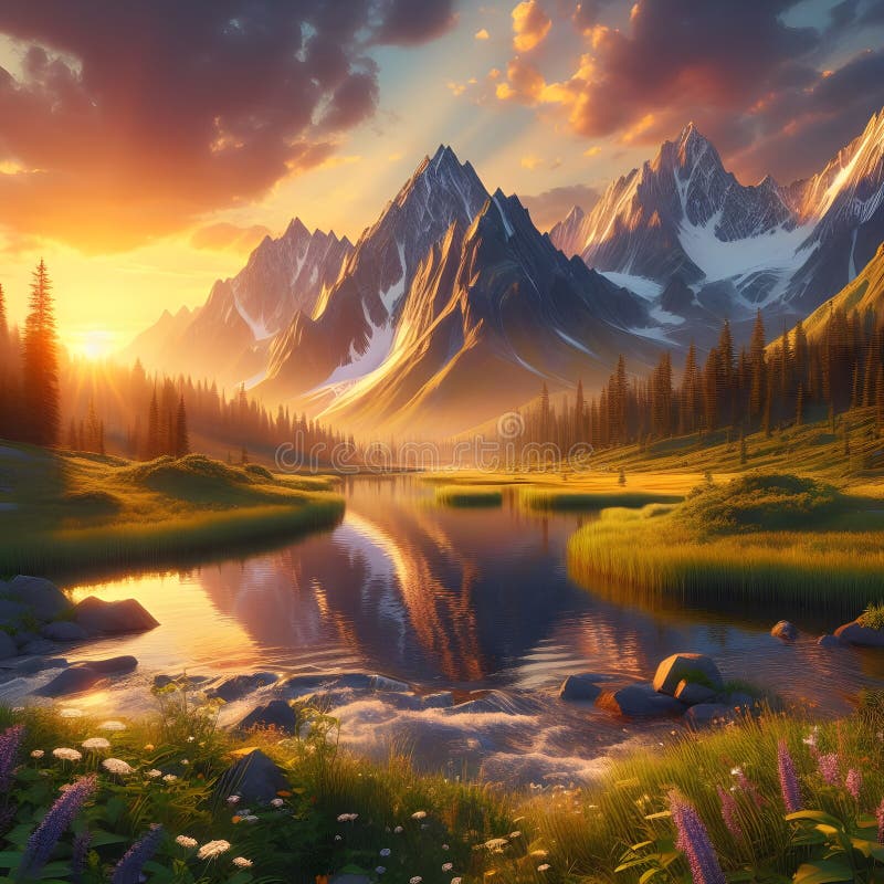 Mountain Landscape with Lake and Reflection in Water at Sunset. 3d ...