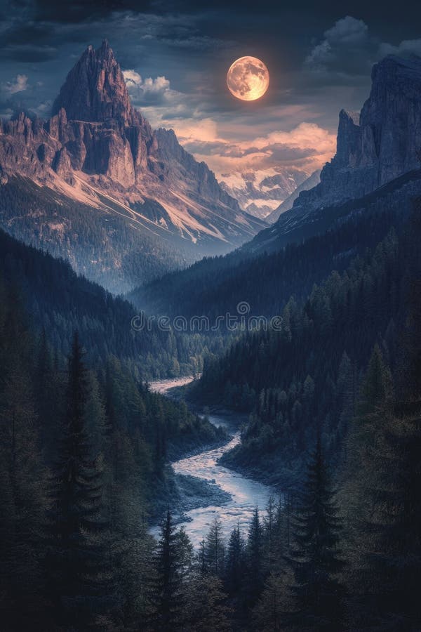 Mountain Landscape at Night with Full Moon Stock Image - Image of ...