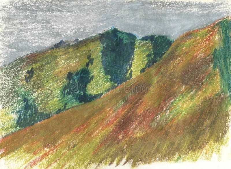 A Mountain Landscape with Pastels, Mountains Sketch Stock Illustration ...