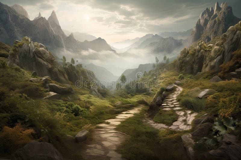 Mountain Landscape with a Path Leading To the Misty Valley. Generative ...