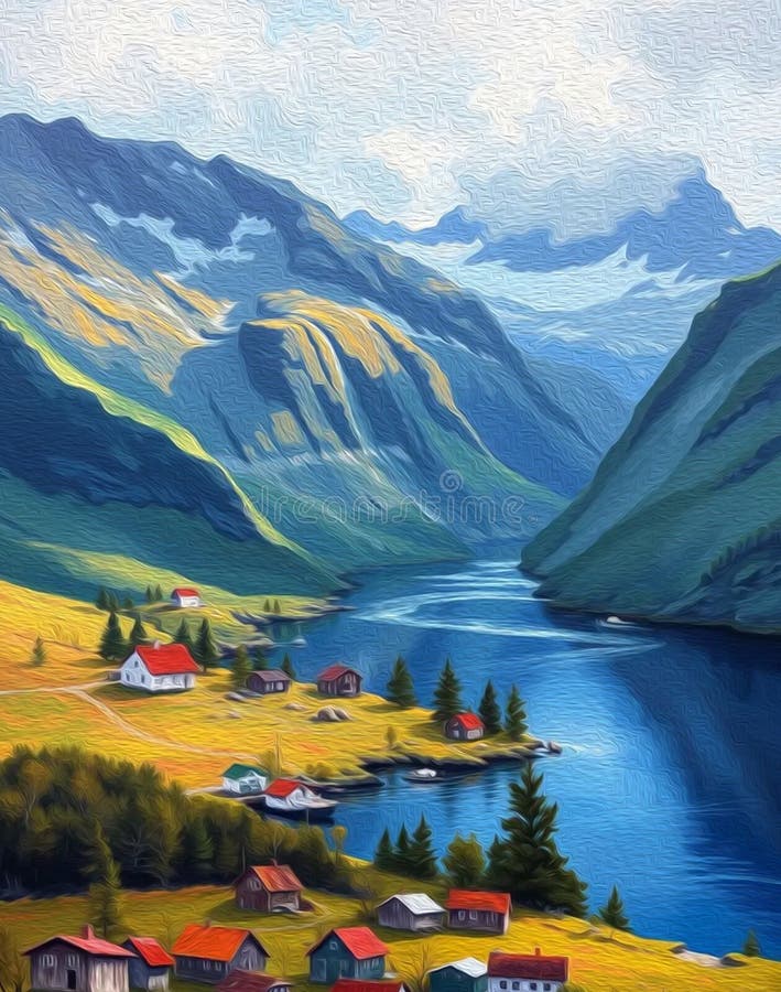 Norway . Mountain Landscape. Pattern with Oil Paint for Printing on ...