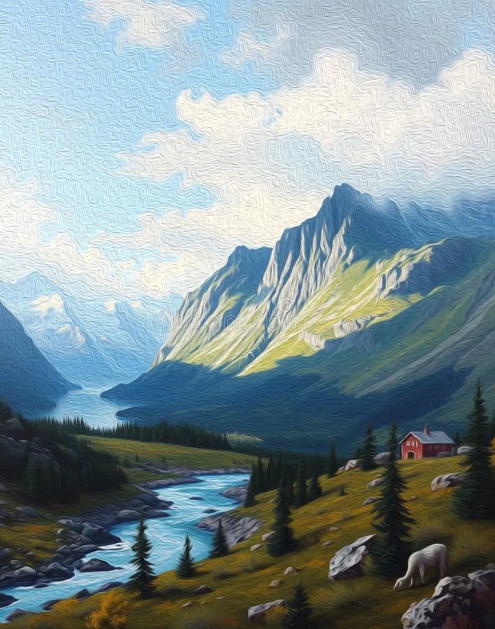 Norway . Mountain Landscape. Pattern with Oil Paint for Printing on ...