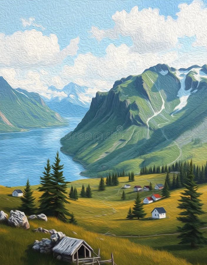 Norway . Mountain Landscape. Pattern with Oil Paint for Printing on ...