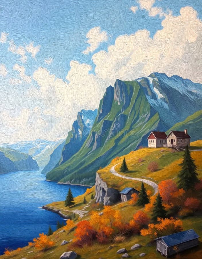 Norway . Mountain Landscape. Pattern with Oil Paint for Printing on ...