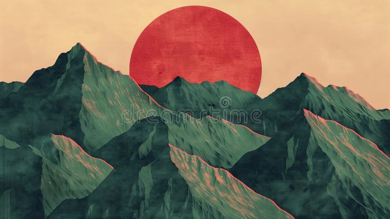Mountain Landscape with Red Sun at Dawn, Abstract Art, Nature Concept ...