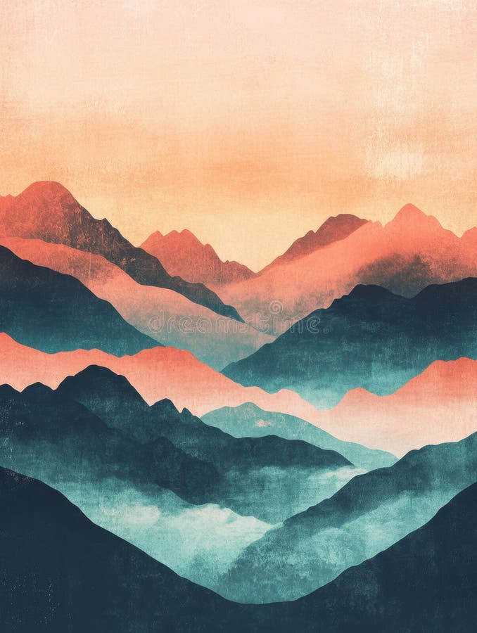 Mountain Landscape with Retro Risograph Style Features Vibrant Colors ...