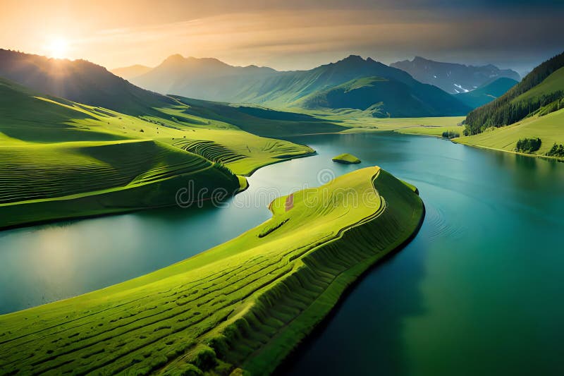A Mountain Landscape and River Flow through Green Fields in an Artistic ...