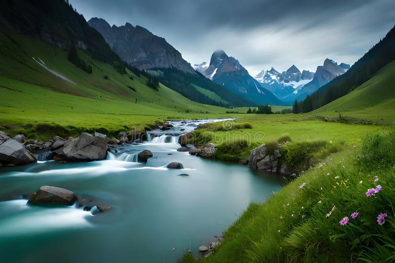 A Mountain Landscape and River Flow through Green Fields in an Artistic ...