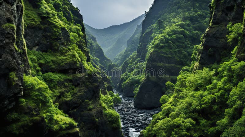 Mountain Landscape with a River Flowing through the Gorge. 3d Rendering ...