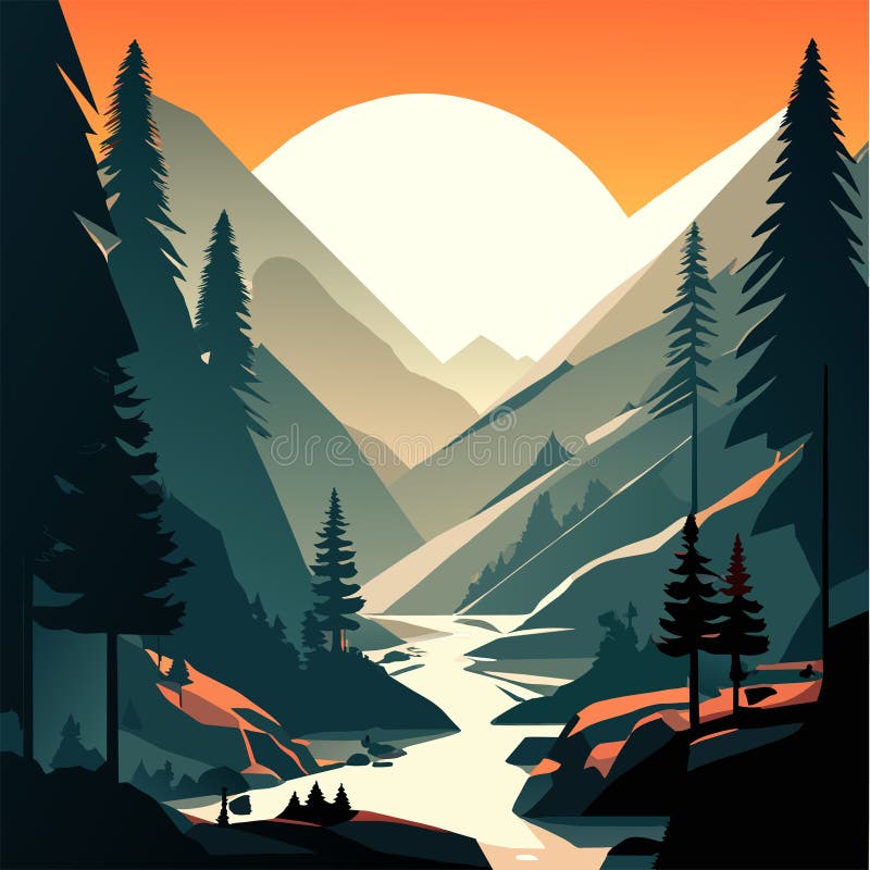 Mountain Landscape with River and Forest. Vector Illustration in Flat ...