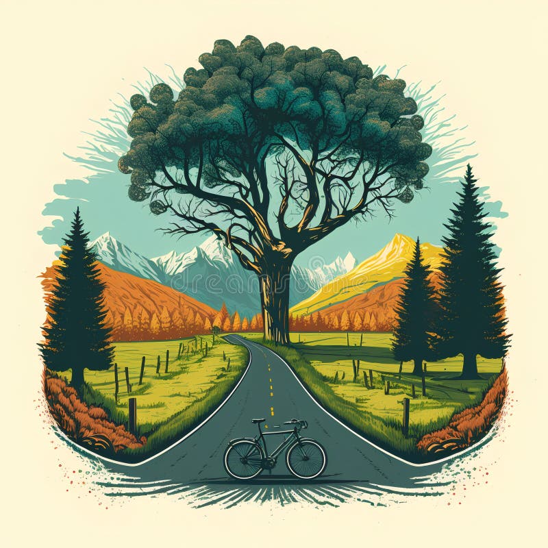 Mountain Landscape with Road, Trees and Bicycle. Vector Illustration ...