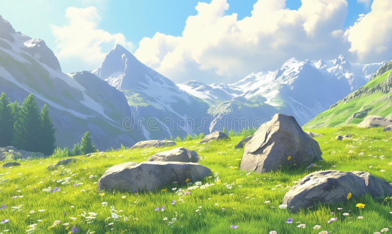 Mountain Landscape with Rocks, Flowers, and Lush Greenery Stock Photo ...