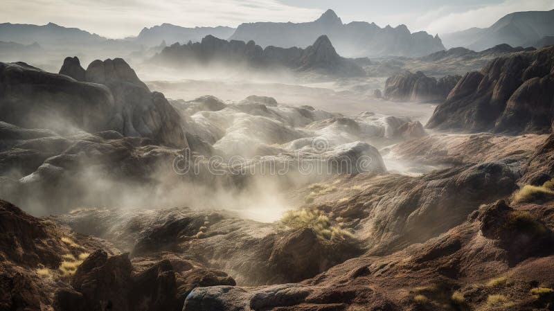 A Mountain Landscape with Rocks and Mist in the Air and Mountains in ...