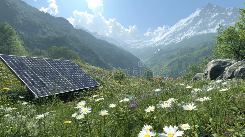 Mountain Landscape with Single Solar Panel Installed in Nature Stock ...