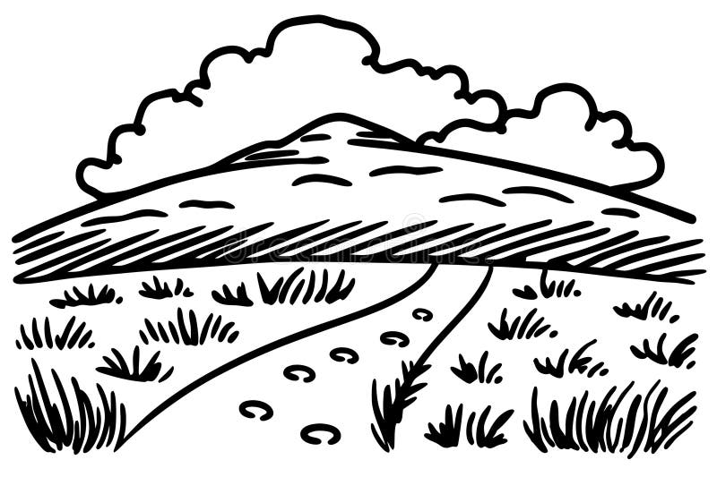 Mountain Landscape Sketch with Cloudy Sky and Pathway through Grassland ...