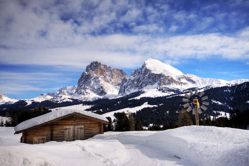 Mountain landscape, snow, chalet, A mountain landscape with a chalet in the
