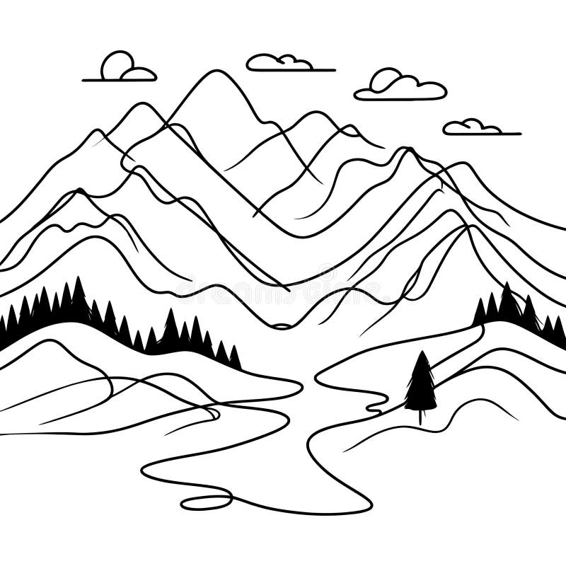 Mountain Landscape with Spruce. Continuous Single Line Drawing. Trips ...