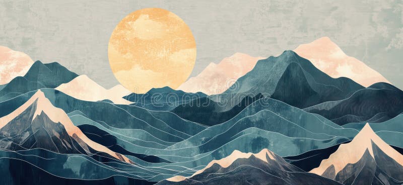 Mountain Landscape with Stylized Peaks and Large Sun, Featuring Layered ...