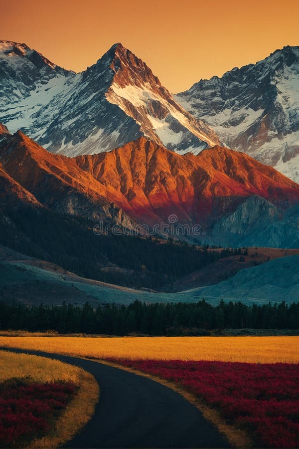 Mountain Landscape at Sunset Stock Illustration - Illustration of ...