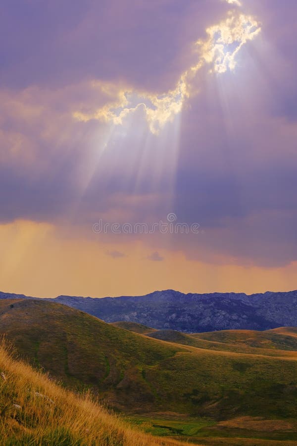 Mountain Landscape Sunset, Dramatic Clouds, God Rays Stock Photo ...