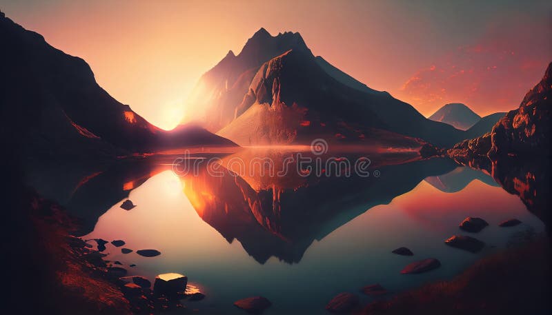A Mountain Landscape at Sunset with a Reflection of the Sun S Rays on a ...