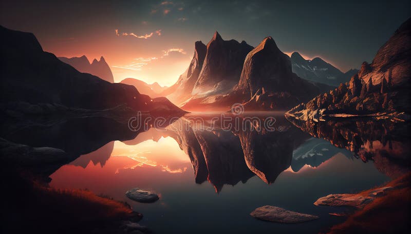 A Mountain Landscape at Sunset with a Reflection of the Sun S Rays on a ...