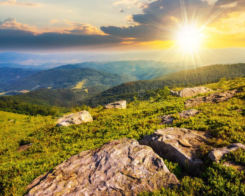 Mountain Landscape at Sunset. Scenery with Stones on the Hillside Stock ...