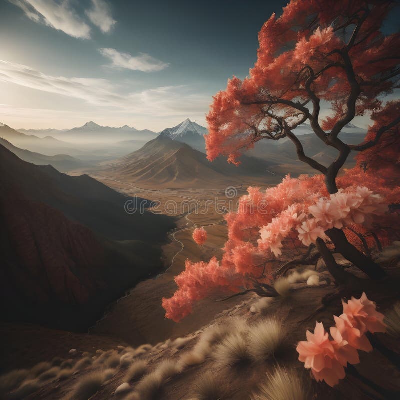 Mountain Landscape with a Tree and a Lake. Ai Generated Stock ...