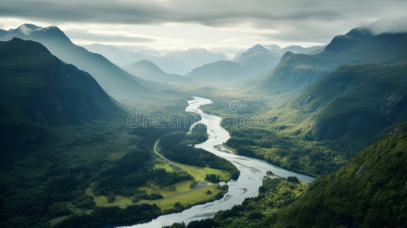 Mountain Landscape with a Twisting River Seen from the Sky Stock ...