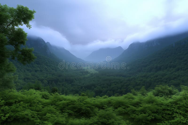 Mountain Landscape, View of Foggy Forest Valley Stock Illustration ...